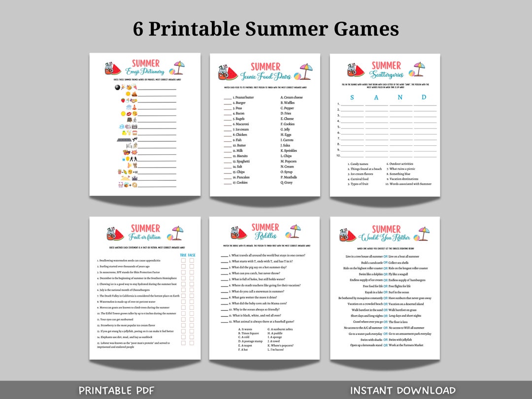 Summer Camp Games Bundle Printable, Summertime Beach Party Games Adult ...