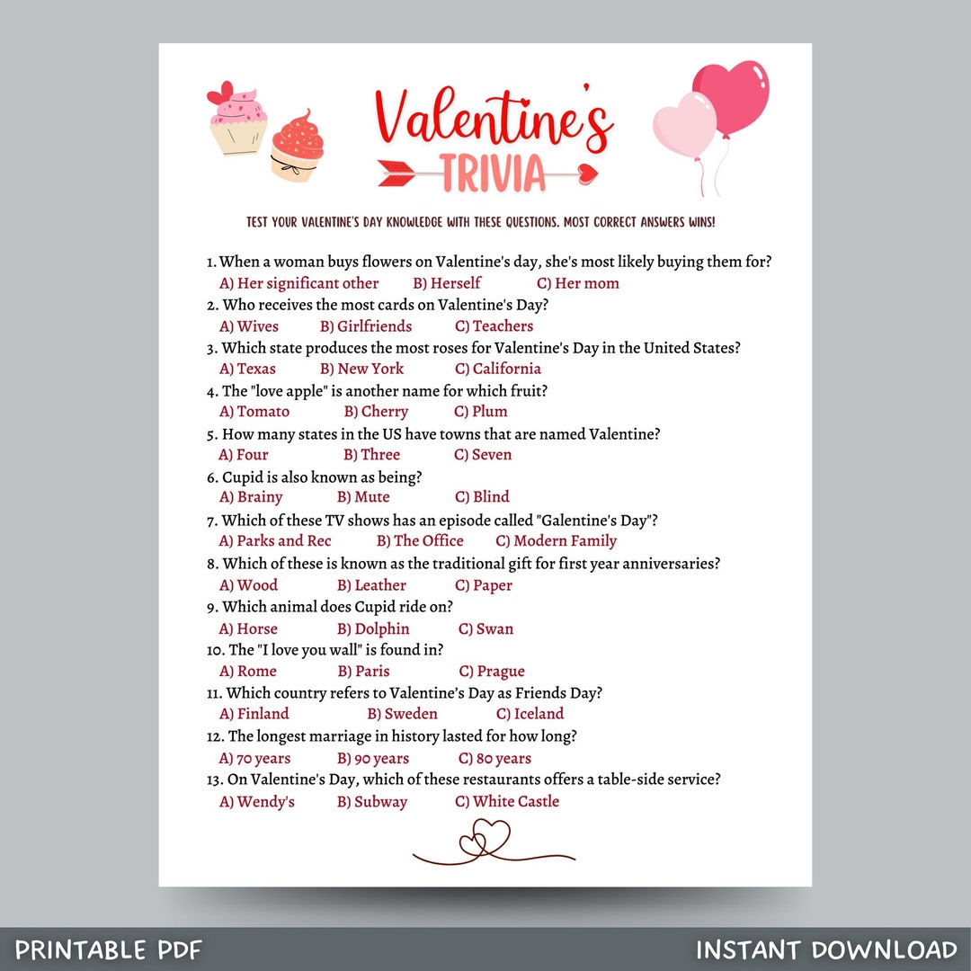 Valentine's Day Trivia Game Printable, Galentines Day Party Game ...