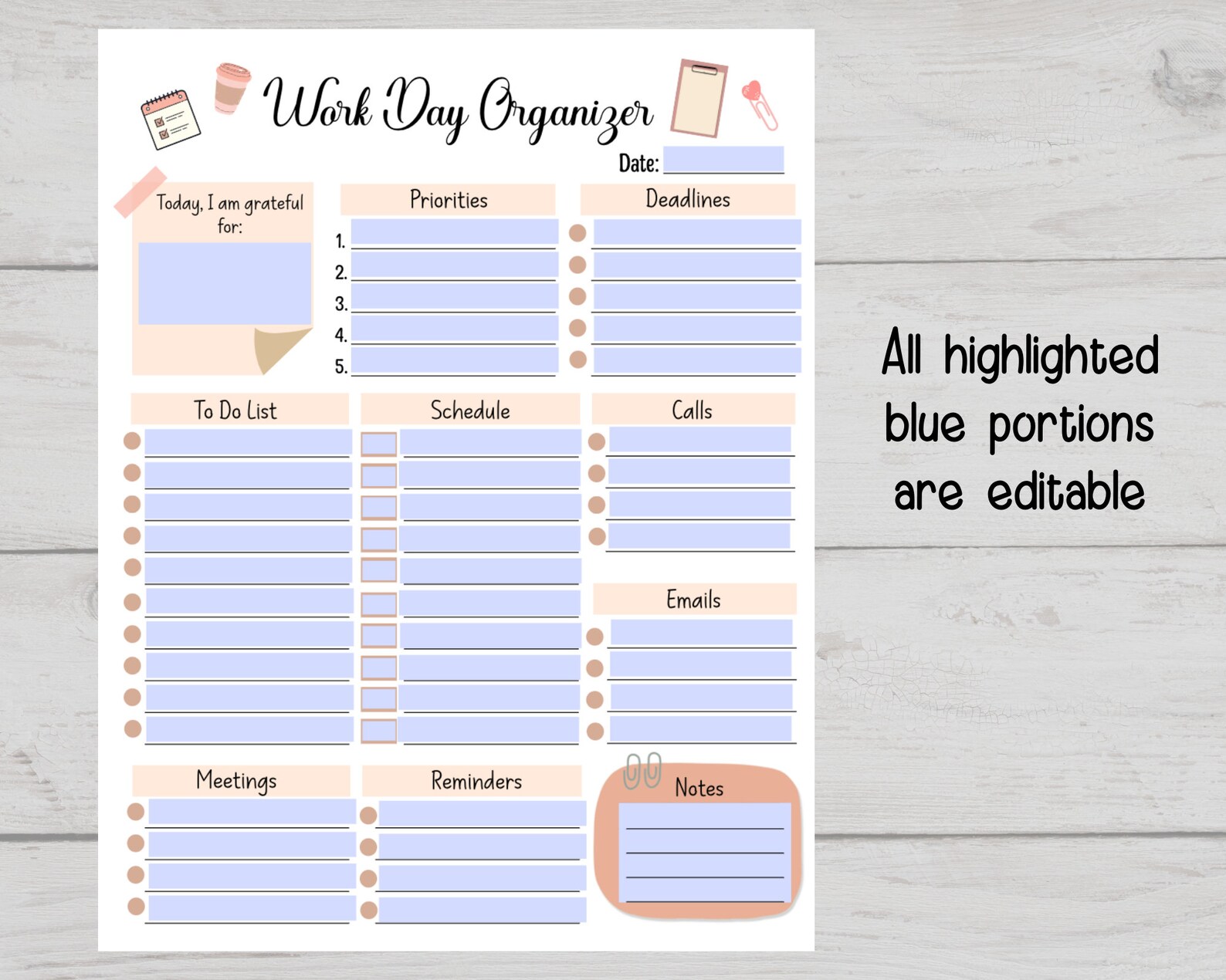 Work Day Organizer Editable Fillable Printable Work Planner - Etsy