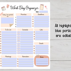 Work Day Organizer Editable Fillable Printable Work Planner - Etsy