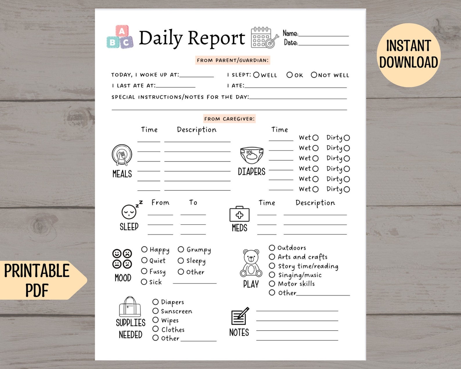 Daily Toddler Log Printable Infant Toddler Daily Report - Etsy