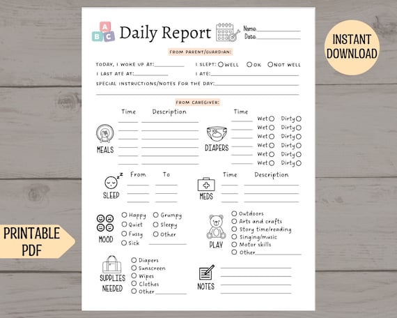 Daily Toddler Log Printable Infant Toddler Daily Report - Etsy