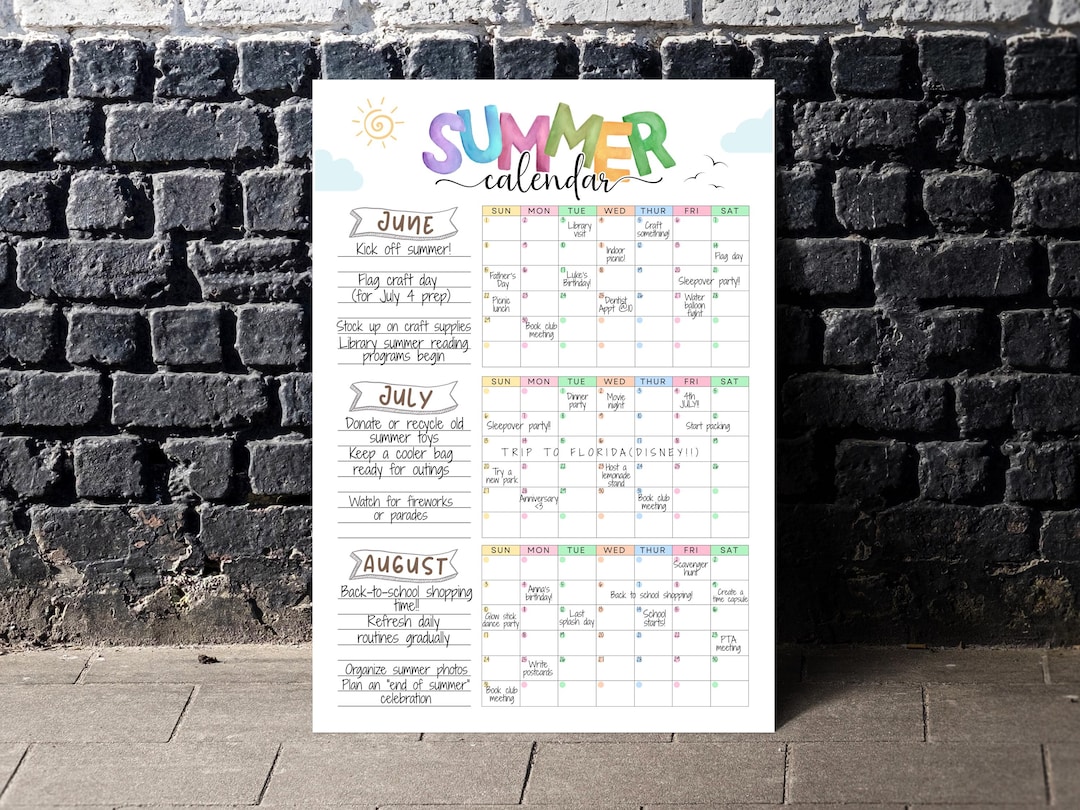 Summer Calendar Poster Printable, 2026 Summer Bucket List Activities ...