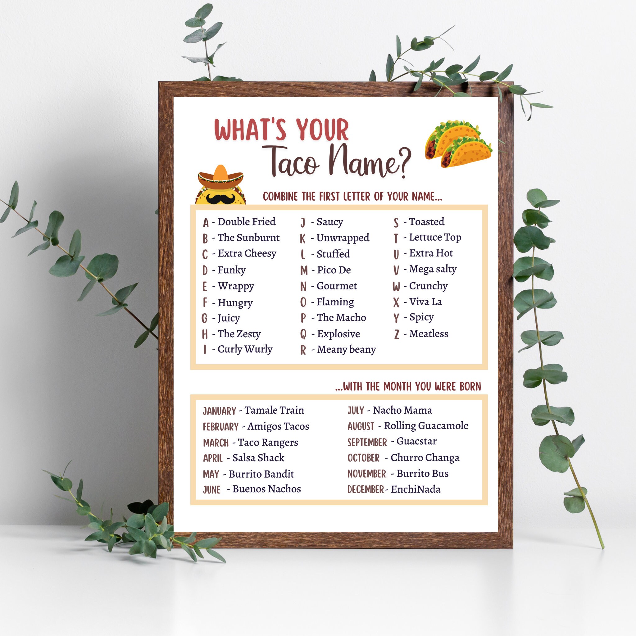 What's Your Taco Name Printable, Cinco De Mayo Party Game, Mexican ...