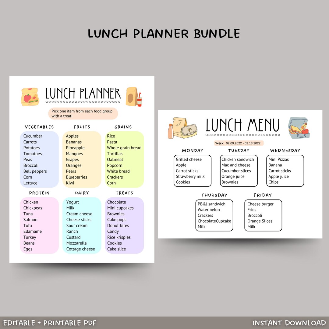 School Lunch Meal Planner Printable, Editable Lunch Menu Kids, Weekly ...