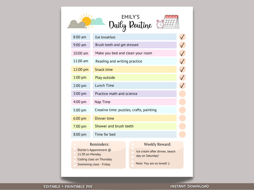 Daily Routine Chore Chart for Kids, Daily Schedule Template Editable ...