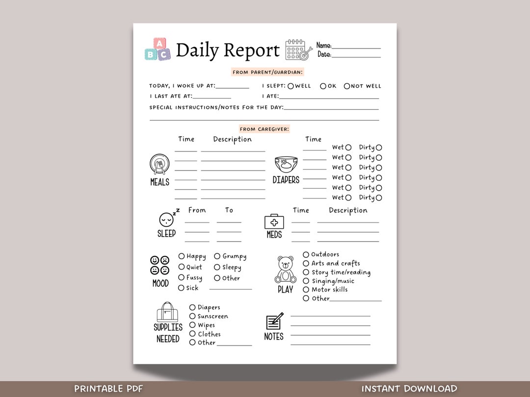 Daily Toddler Log Printable, Infant Toddler Daily Report, Nanny Log ...