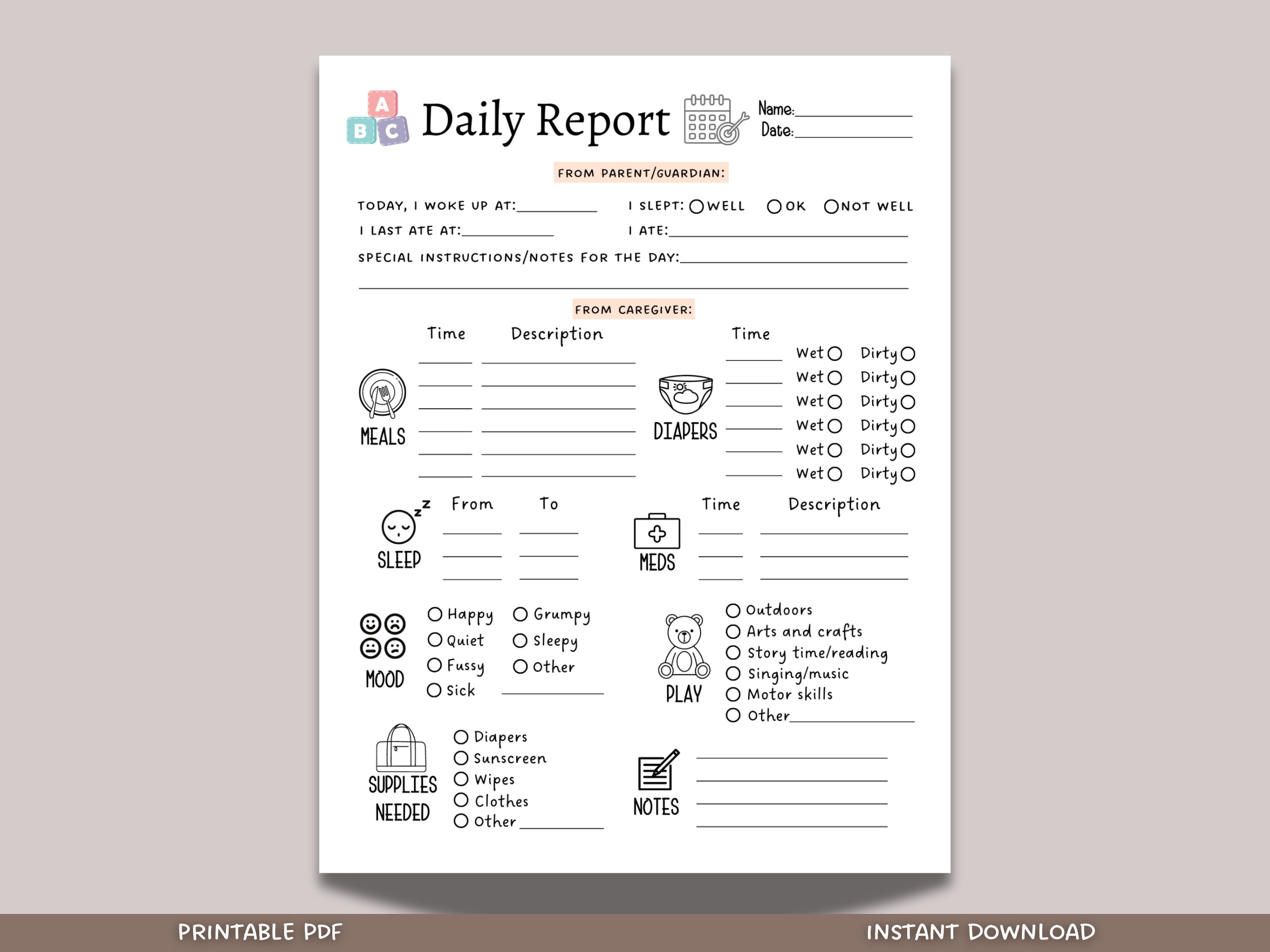 Daily Toddler Log Printable, Infant Toddler Daily Report, Nanny Log ...