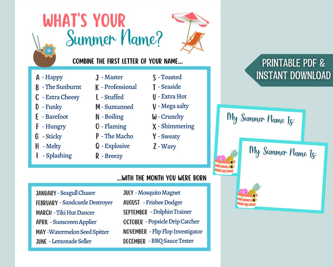 Whats Your Summer Name Game Printable Pool Party Games - Etsy
