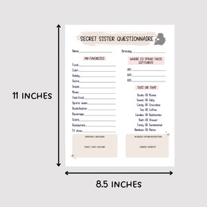 Secret Sister Questionnaire Printable, All About Me Survey, Gift ...