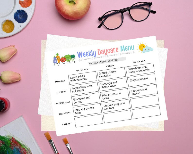 Daycare Weekly Menu Printable Home Daycare Monthly Meal - Etsy