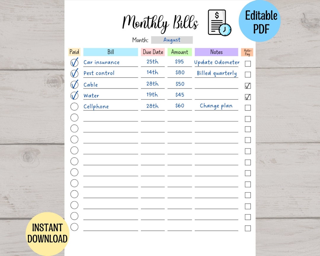 Editable Monthly Bill Tracker Monthly Bill Log Bill Planner - Etsy