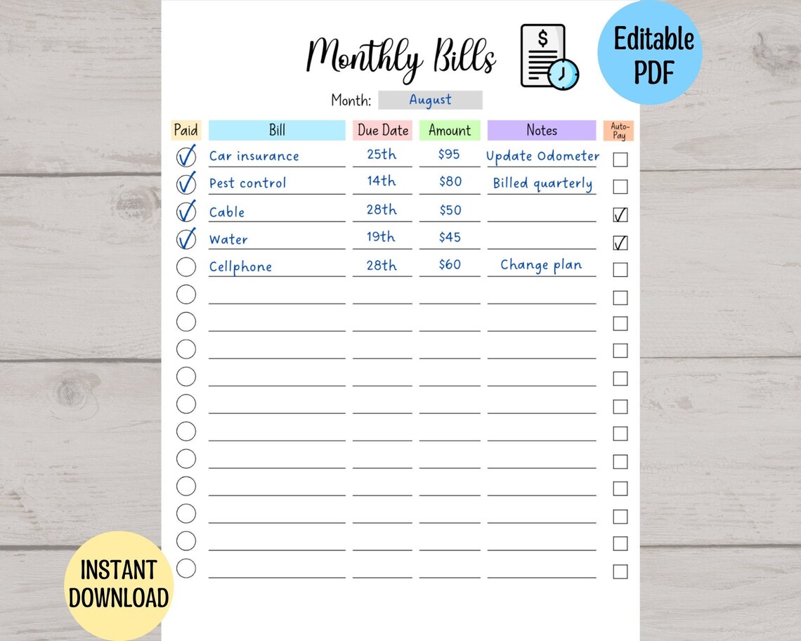 Editable Monthly Bill Tracker Monthly Bill Log Bill Planner - Etsy