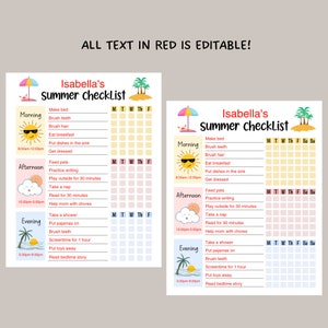 Kids Daily Summer Checklist Schedule Printable, Editable Chore Chart ...