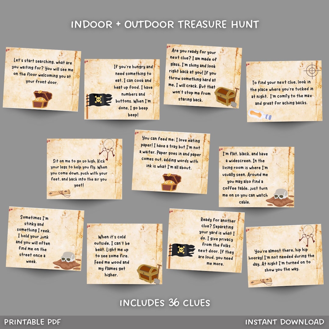 Indoor & Outdoor Treasure Hunt for Kids, Scavenger Hunt Clues, Birthday ...