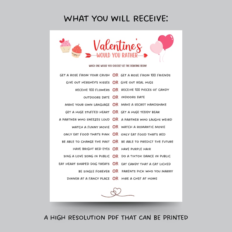 Valentine's Day Would You Rather Game Printable, This or That Game ...