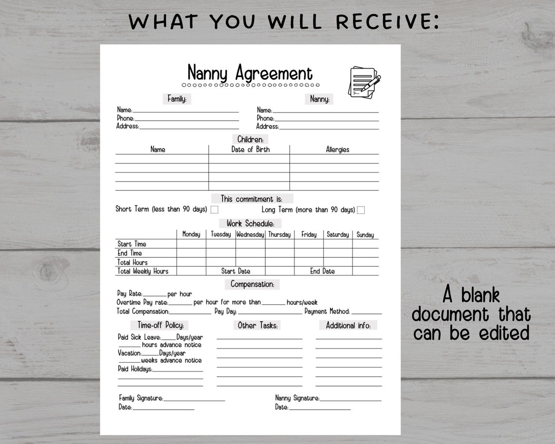 Nanny Agreement Worksheet Editable Printable Nanny Contract - Etsy