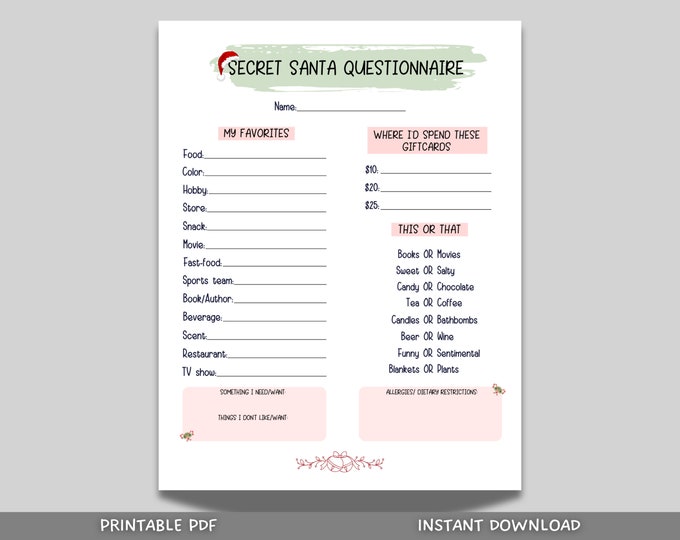 Secret Santa Questionnaire Printable, Christmas Gift Exchange Survey ...