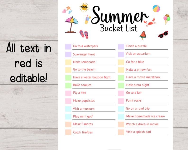 Summer Bucket List Printable Editable Summer Break Template - Etsy