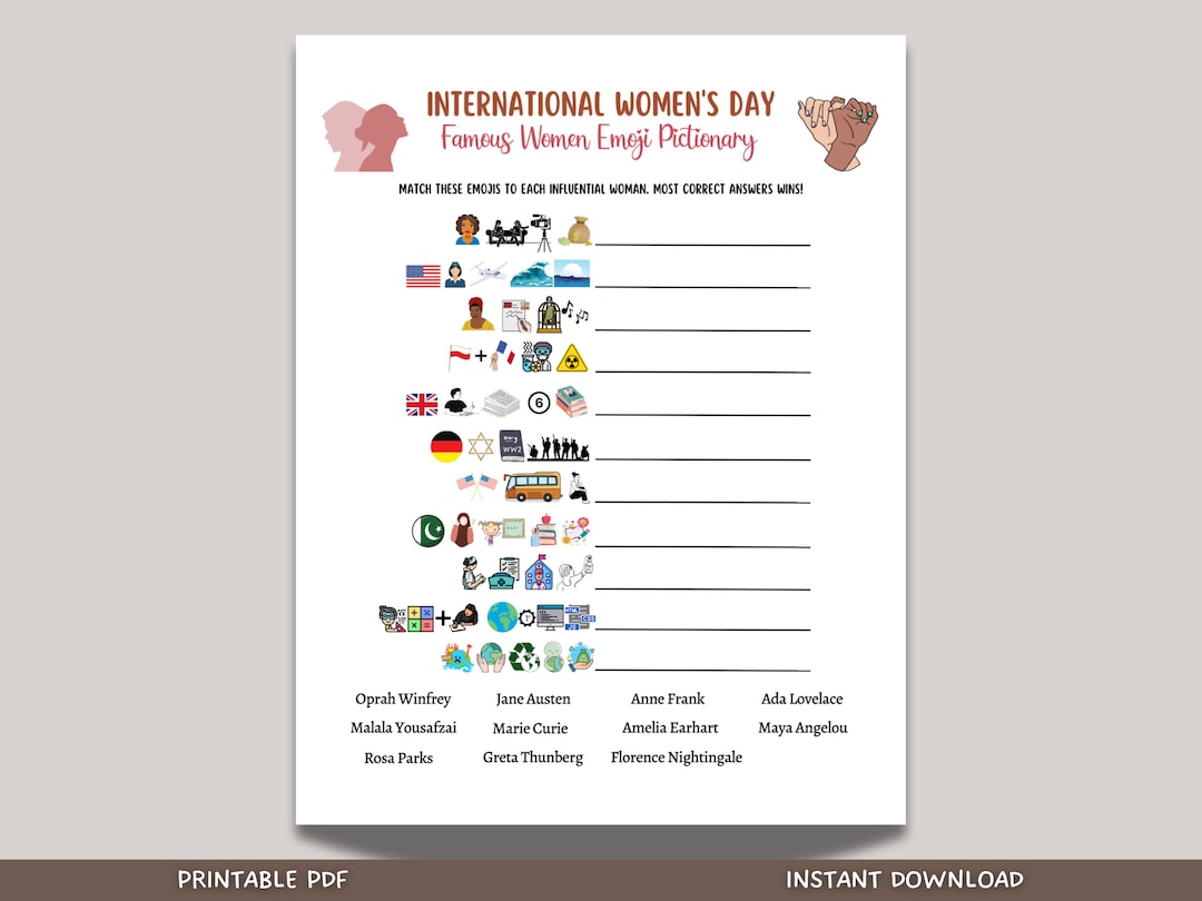 International Womens Day Famous Women Emoji Pictionary Game Printable ...