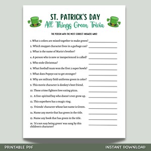 St. Patrick's Day Green Trivia Game Printable, All Things Green ...