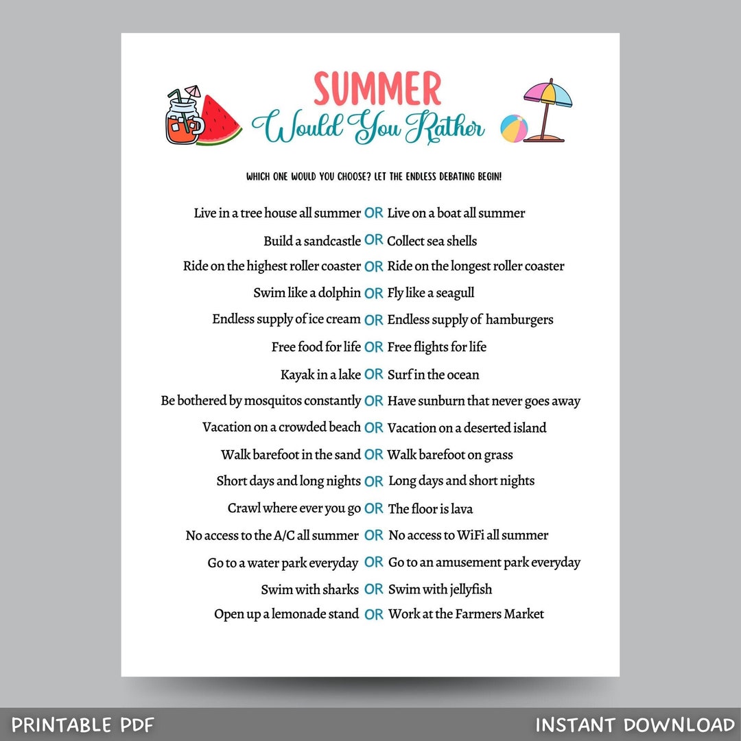Summer Would You Rather Game Printable, Summer Camp Activity, Beach ...
