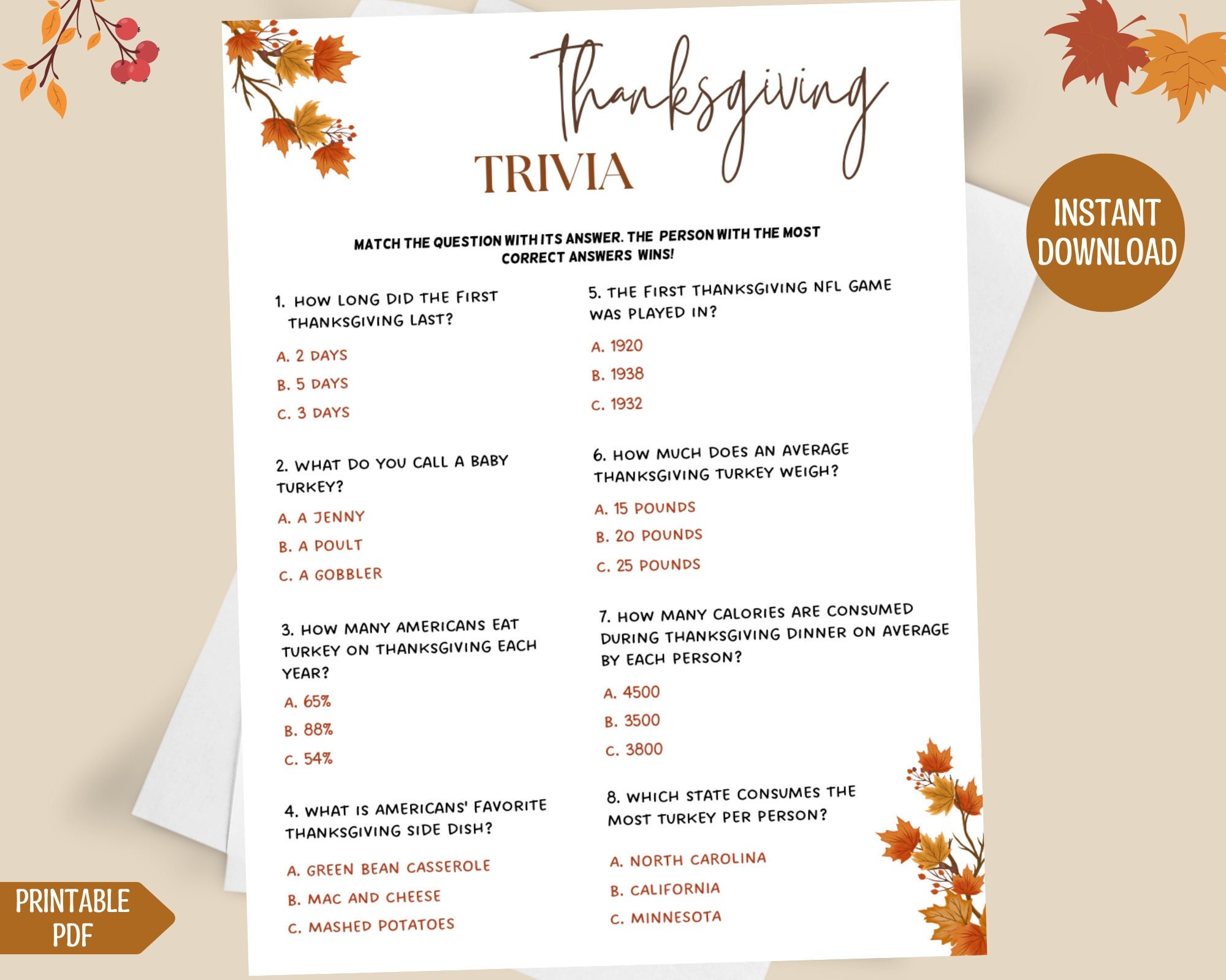 Thanksgiving Trivia Game Printable Fun Friendsgiving Game - Etsy