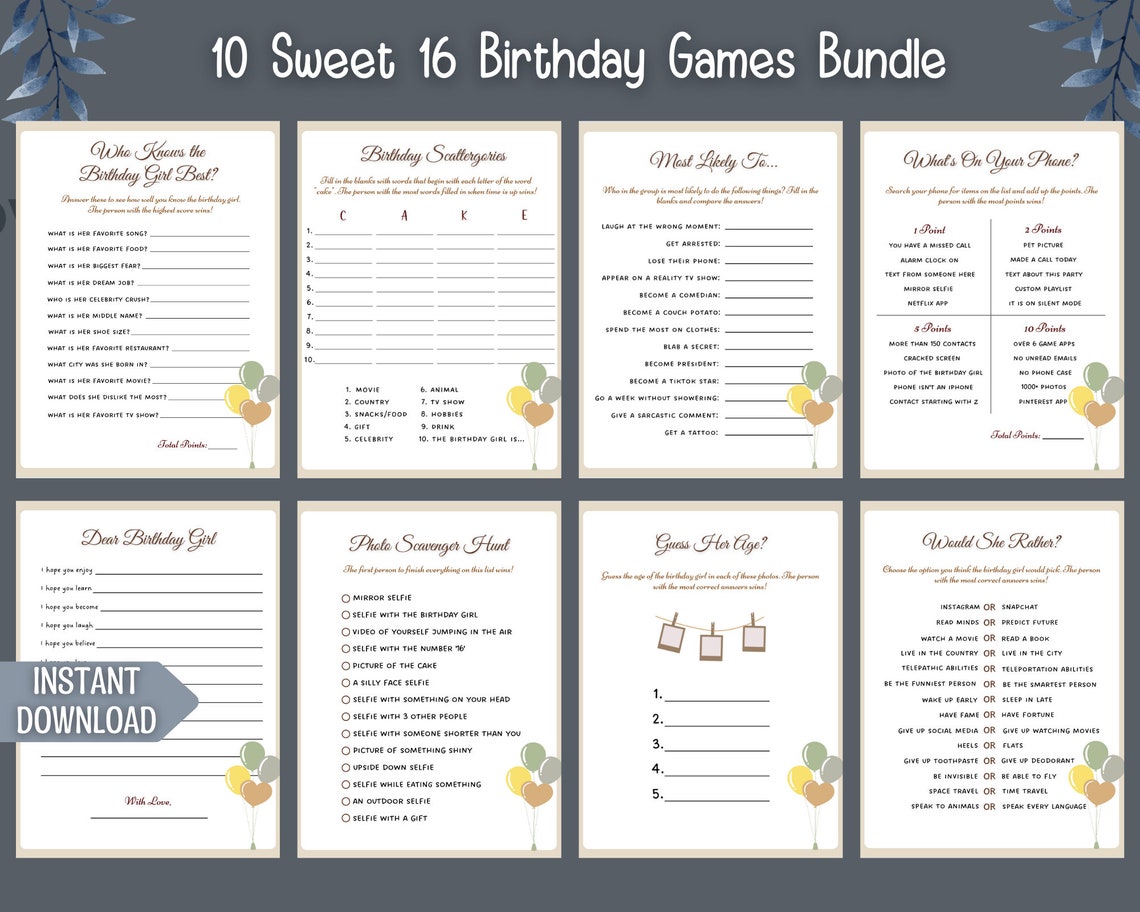 Sweet 16 Birthday Party Games Bundle Printable 16th Birthday - Etsy