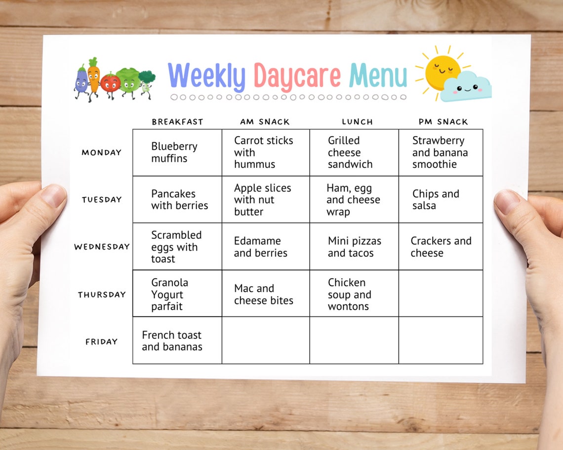 Daycare Weekly Menu Printable Home Daycare Monthly Meal - Etsy