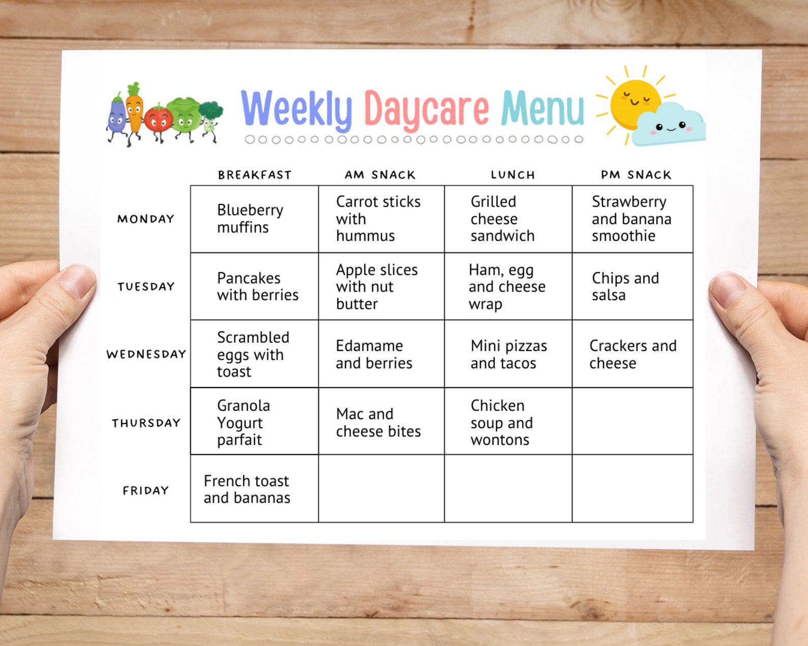 Daycare Weekly Menu Printable Home Daycare Monthly Meal - Etsy