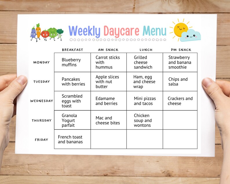 Daycare Weekly Menu Printable Home Daycare Monthly Meal - Etsy