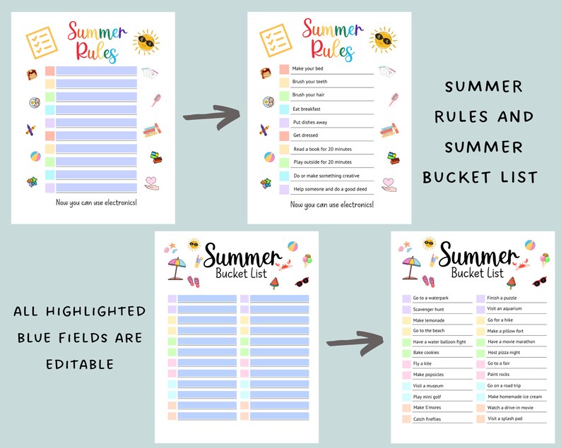 Editable Summer Planner Bundle Printable Summer Chore Chart - Etsy