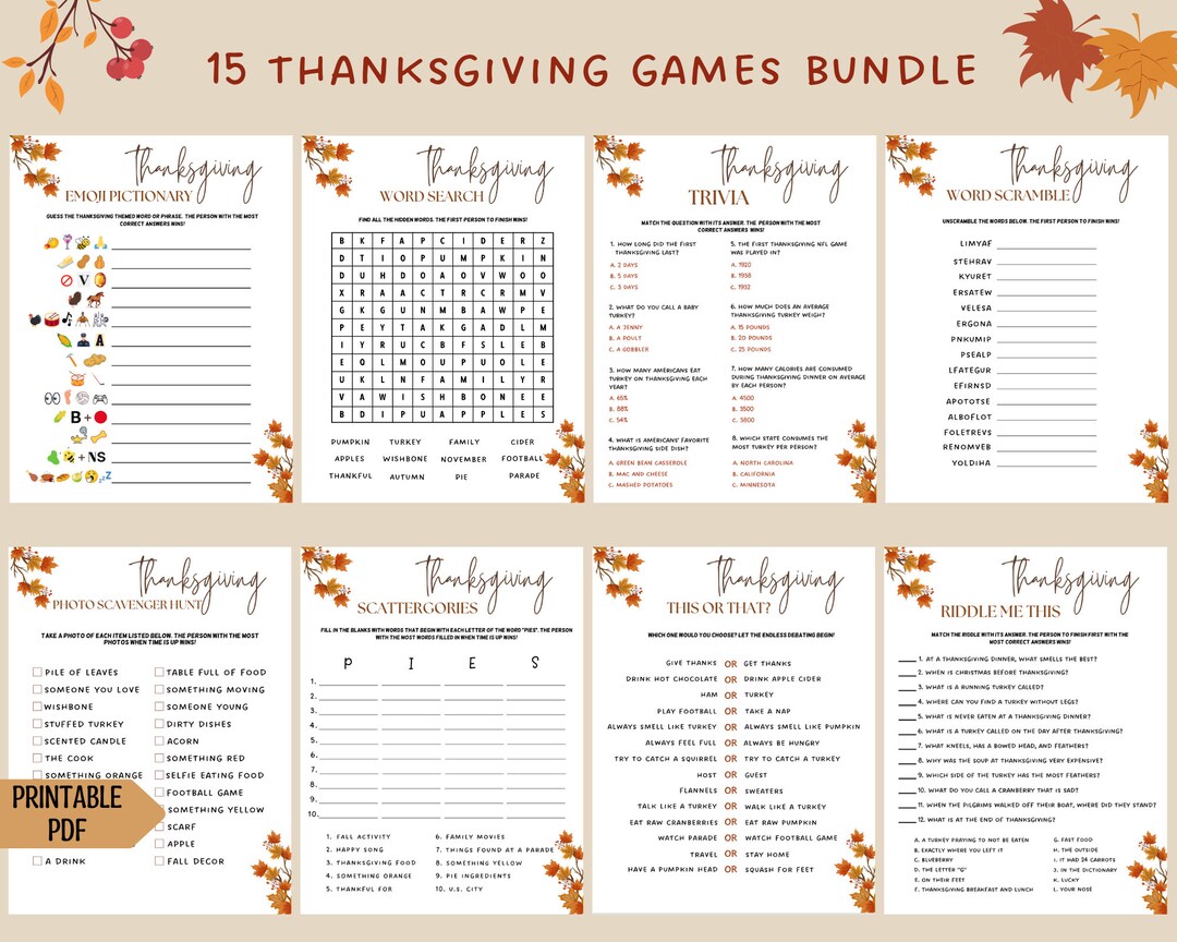 Thanksgiving Games Bundle Printable Fall Holiday Games - Etsy