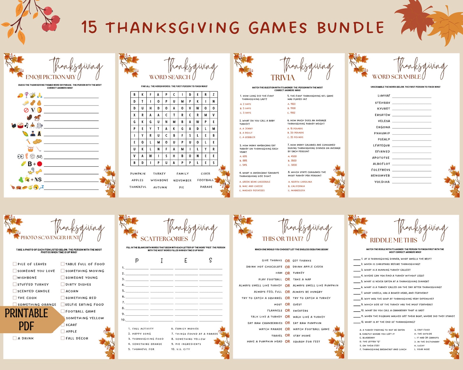 Thanksgiving Games Bundle Printable Fall Holiday Games - Etsy