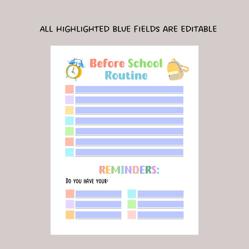 Printable Before School Checklist, Morning Reminders for Kids, Editable ...