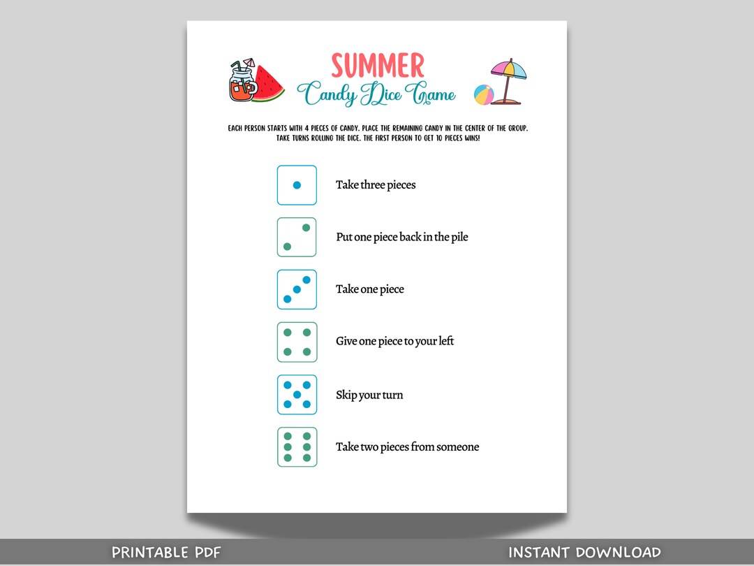 Summer Candy Dice Game Printable, Pool Party Games, Summer Camp ...