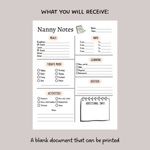 Nanny Notes Printable, Nanny Information Sheet, Daycare Report, Nanny ...
