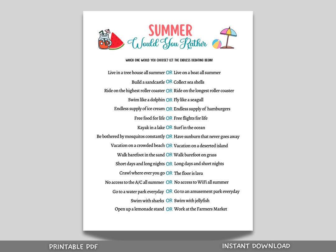 Summer Would You Rather Game Printable, Summer Camp Activity, Beach ...
