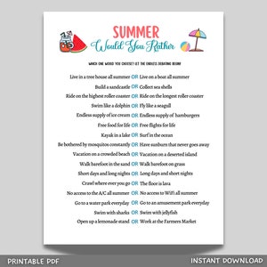 Summer Would You Rather Game Printable, Summer Camp Activity, Beach ...