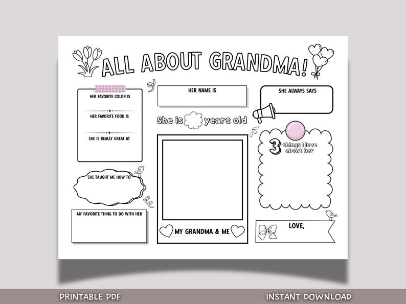 All About Grandma Survey Printable, Mothers Day Grandparents Day Card ...