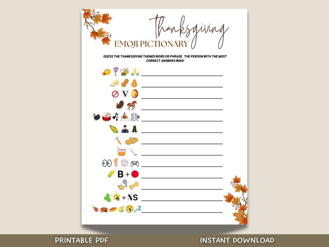 Thanksgiving Emoji Pictionary Game Printable, Friendsgiving Party Game ...