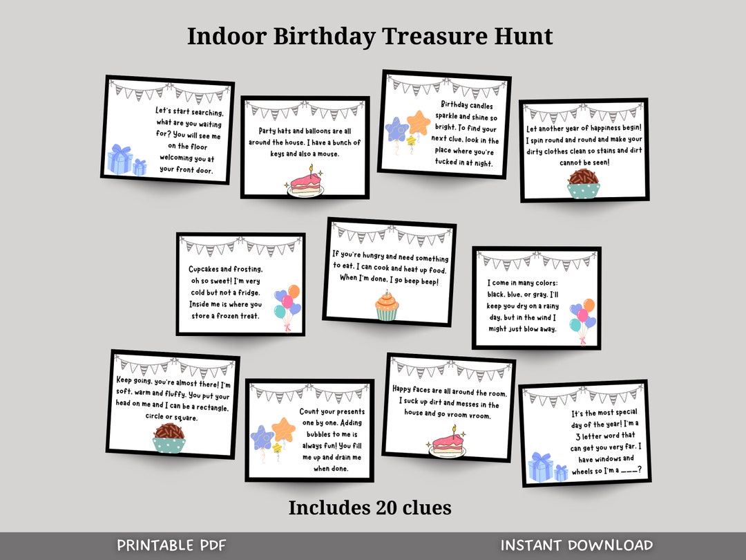 Indoor Birthday Treasure Hunt for Kids, Birthday Scavenger Hunt Clues ...