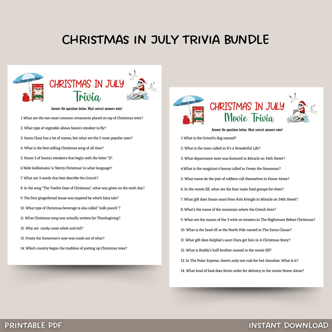 Christmas in July Trivia Game Printable, Summer Christmas Party ...