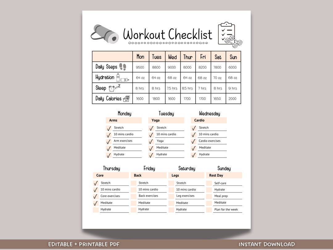 Workout Checklist Editable, Daily Workout Routine Chart, Simple Workout ...
