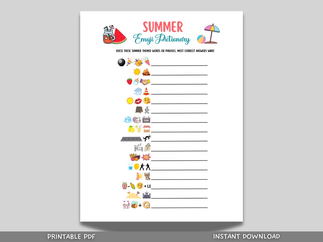 Summer Emoji Pictionary Game Printable, Summertime Activities for ...