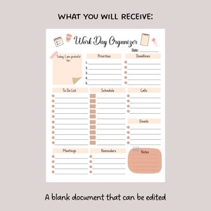Work Day Organizer Editable Fillable, Printable Work Planner, Daily ...
