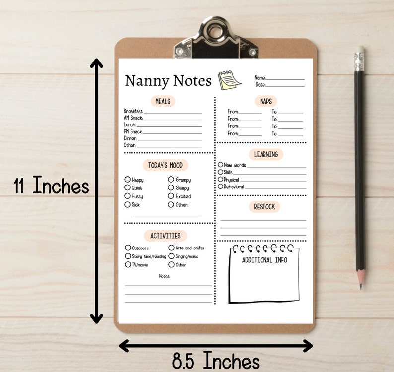 Nanny Notes Printable Nanny Information Sheet Daycare - Etsy