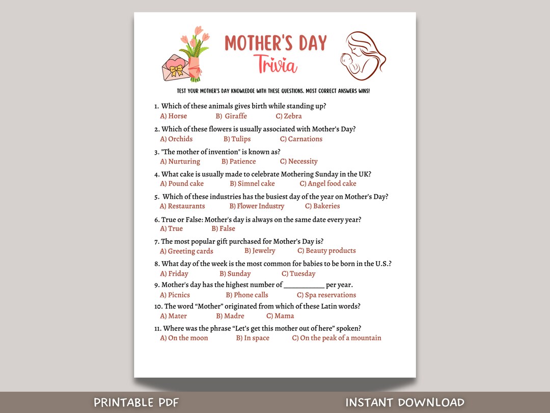 Mother's Day Trivia Game Printable, Mothers Day Party Game, True or ...