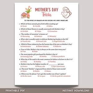 Mother's Day Trivia Game Printable, Mothers Day Party Game, True or ...