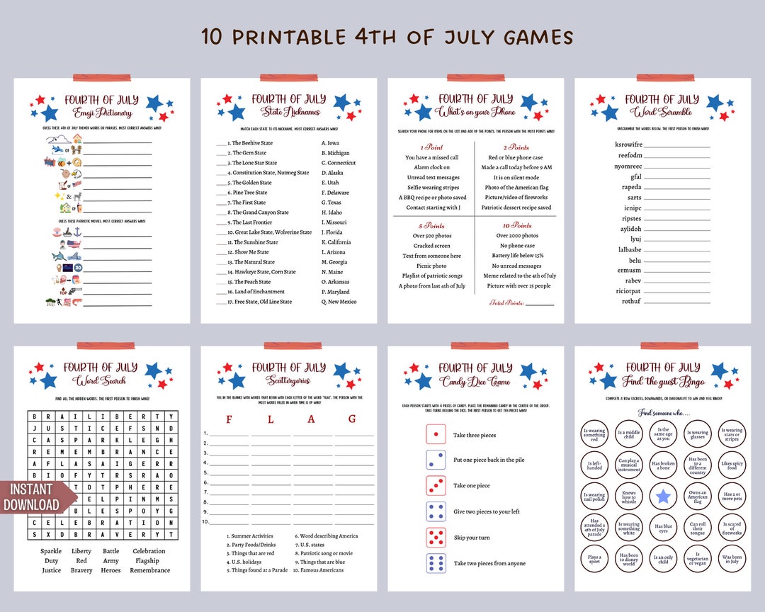 4th of July Games Printable Independence Day Patriotic - Etsy